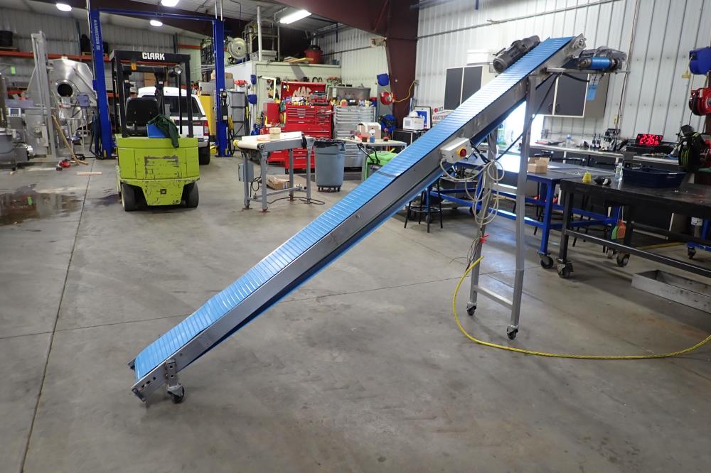 SS Incline Belt Conveyor w/ 90 degree take-away conveyor