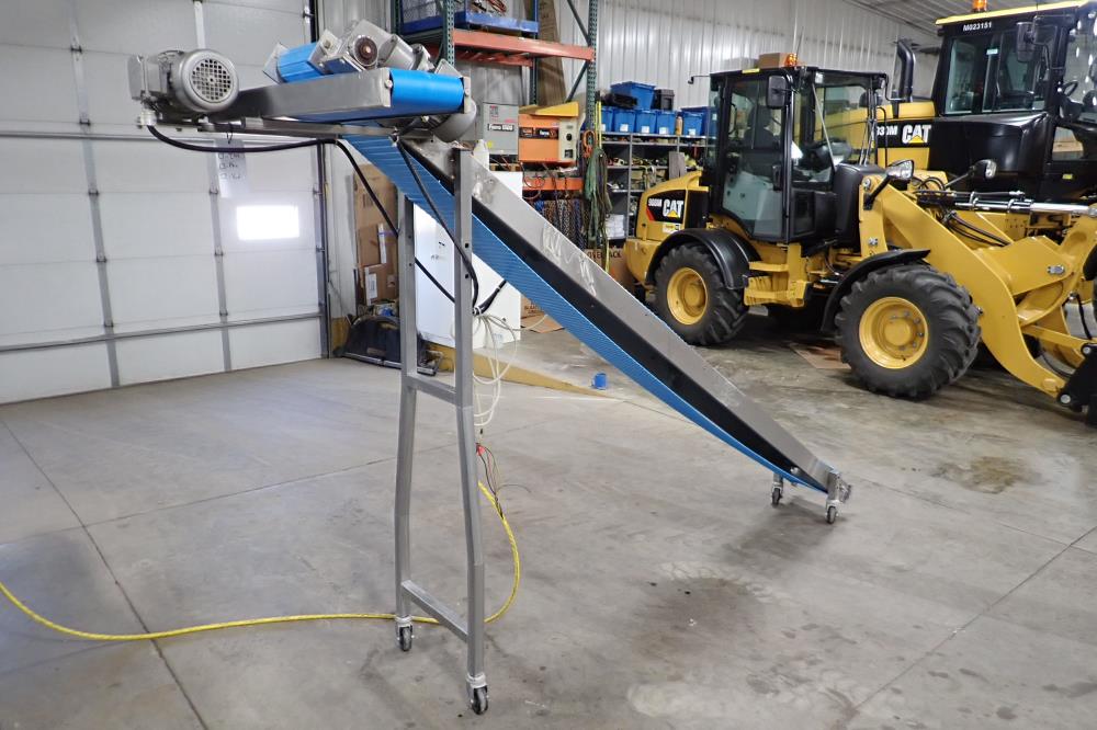 SS Incline Belt Conveyor w/ 90 degree take-away conveyor