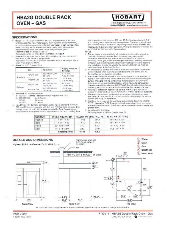 2003 Hobart HBA2G Natural Gas Double Rack Oven